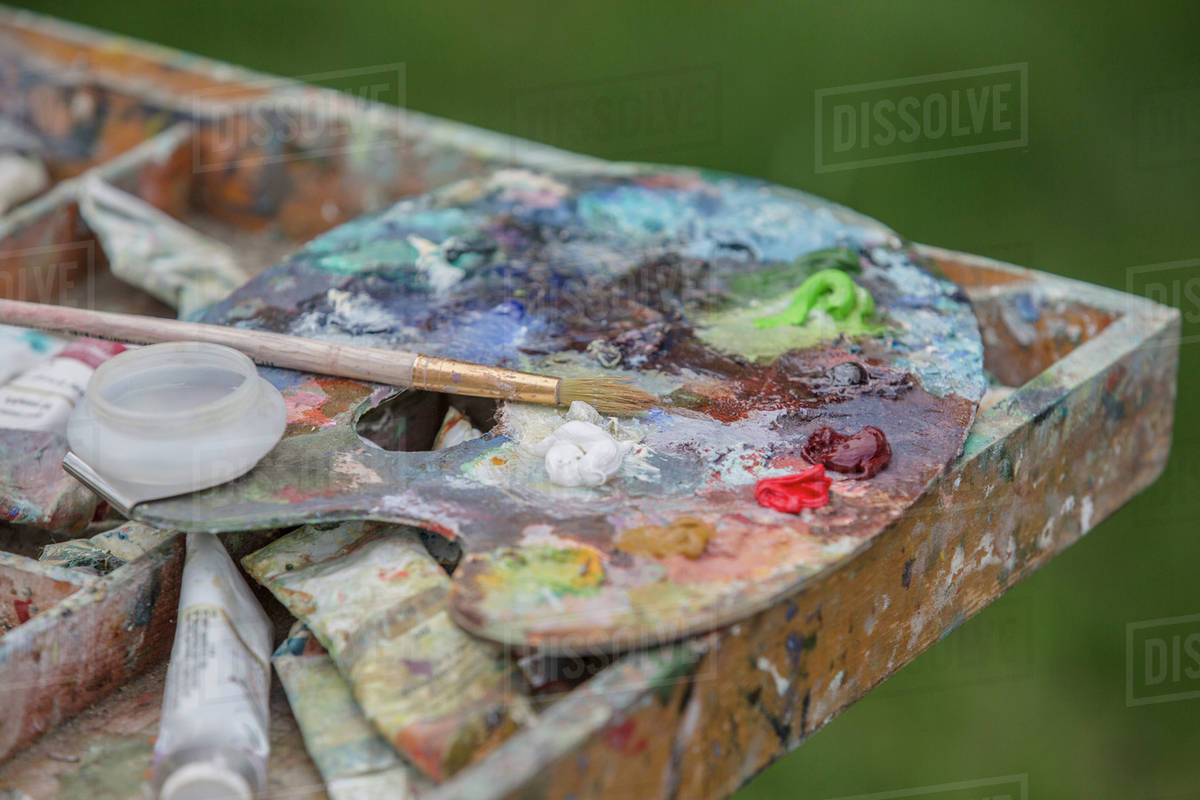 Close-up of messy painting palette in park - Royalty-free Stock Photo ...