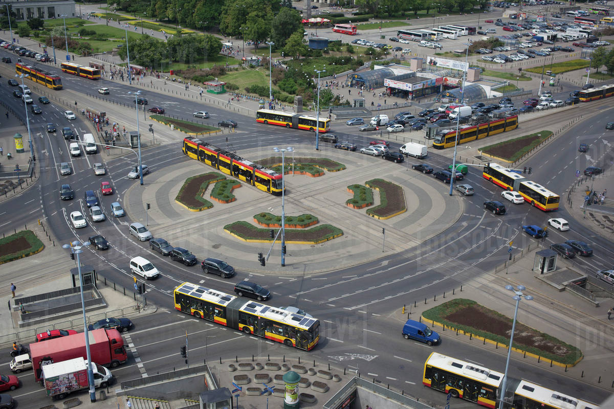 High angle view of busy traffic roundabout in Warsaw - Royalty-free ...