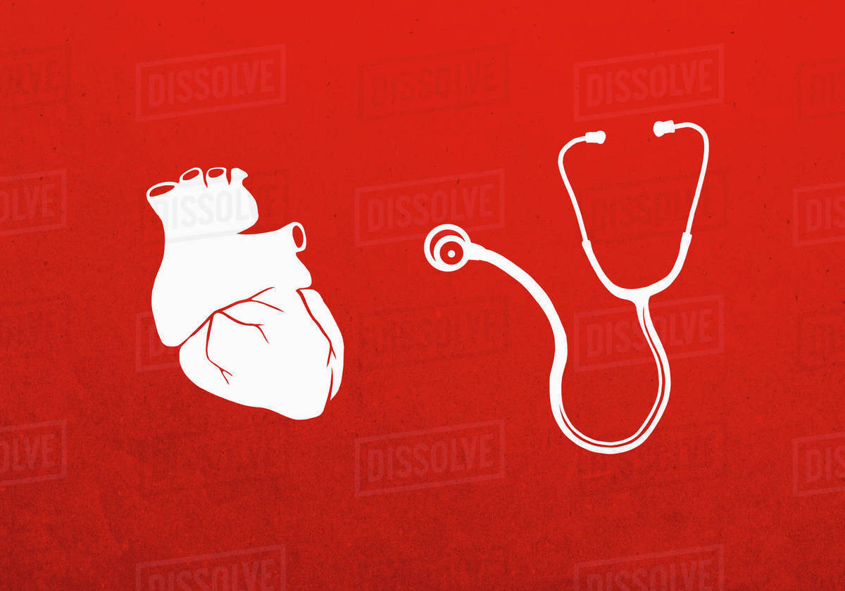 Human heart and stethoscope against red background - Stock Photo - Dissolve