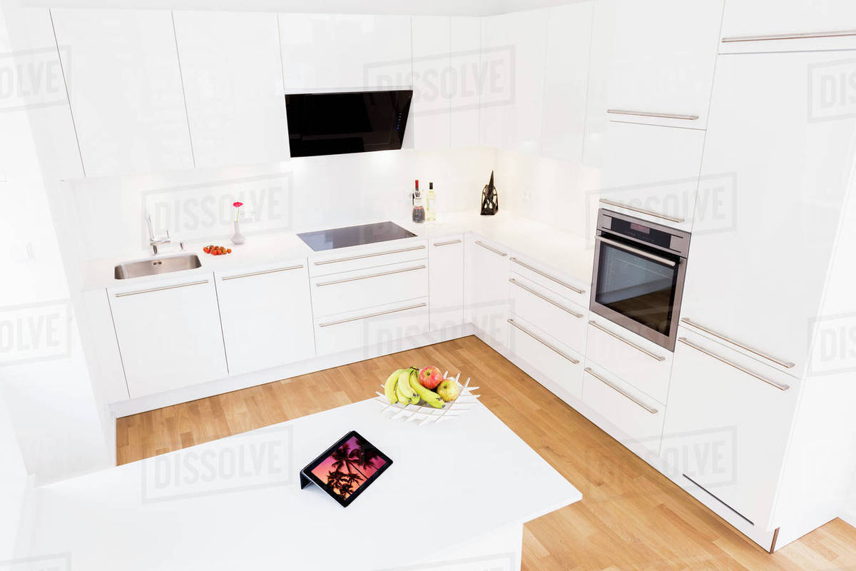 High angle view of modern white kitchen design - Royalty-free Stock ...