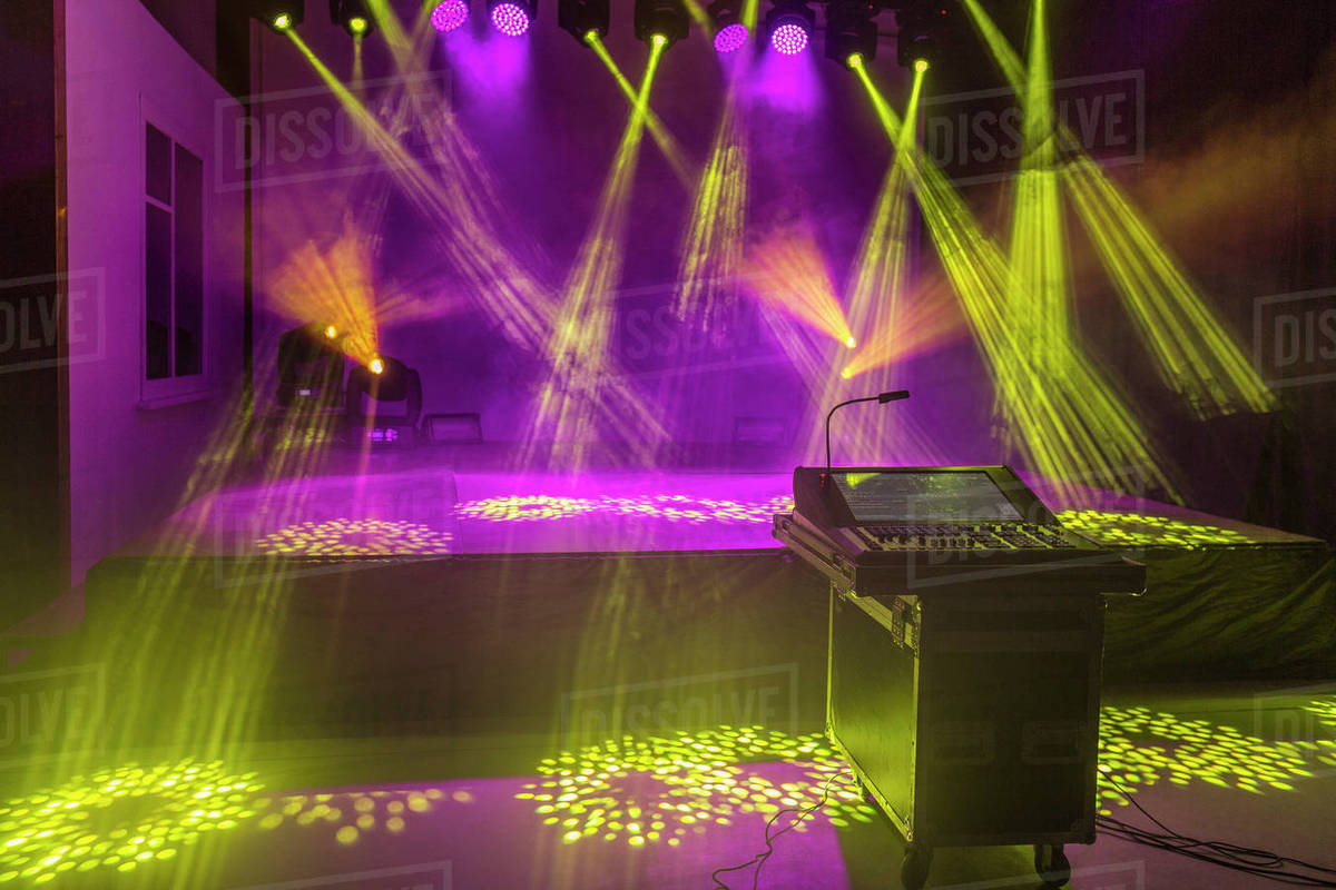 Sound mixer and stage in illuminated studio - Royalty-free Stock Photo ...