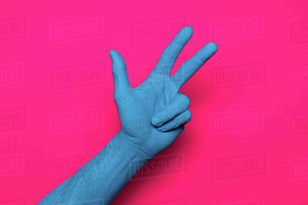 Close-up of blue painted hand showing peace sign against pink ...