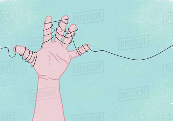 Cropped image of hand wrapped in thread against blue background - Stock ...