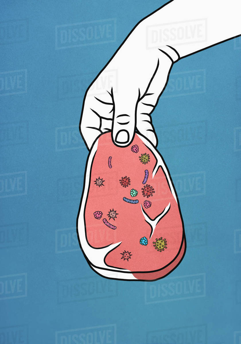 Hand holding raw meat covered in bacteria - Royalty-free Stock Photo ...