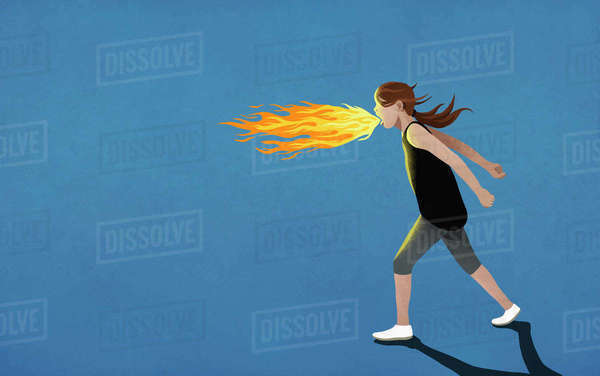 Angry girl breathing fire - Stock Photo - Dissolve