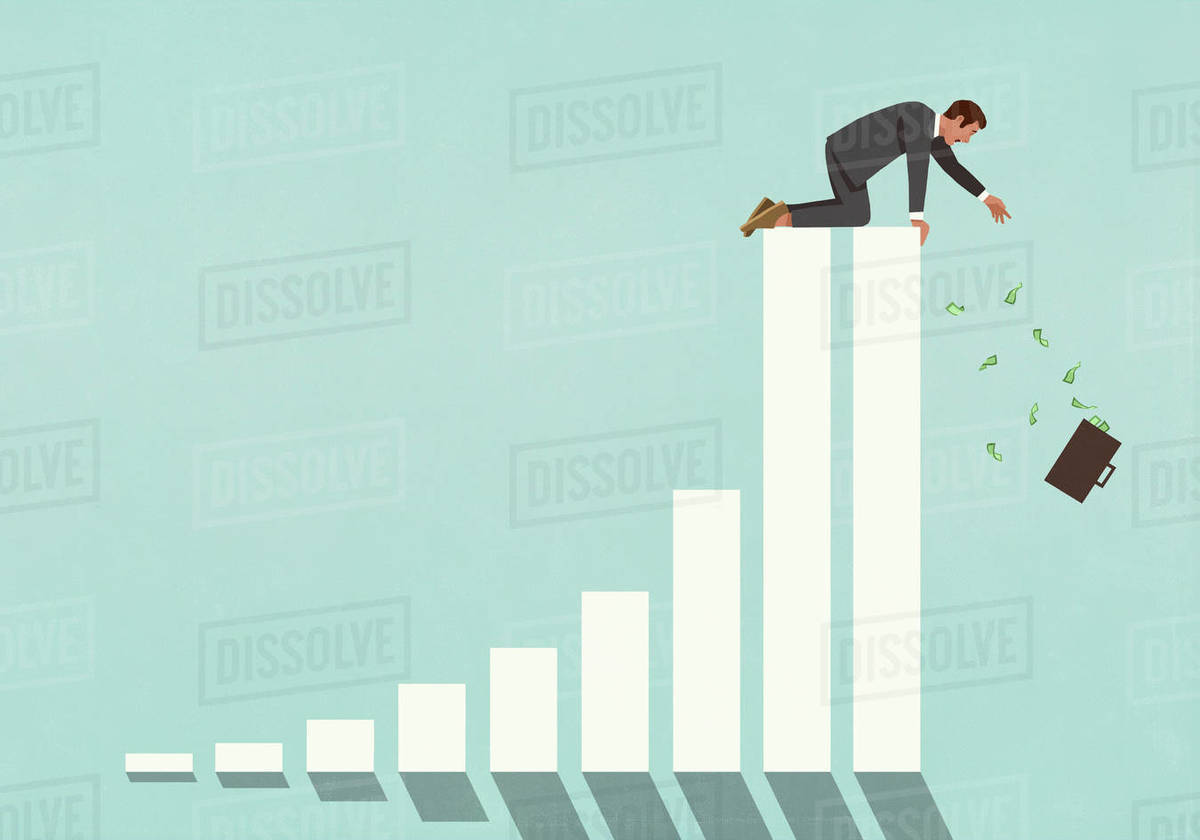 Businessman at top of bar graph reaching for falling briefcase of cash ...