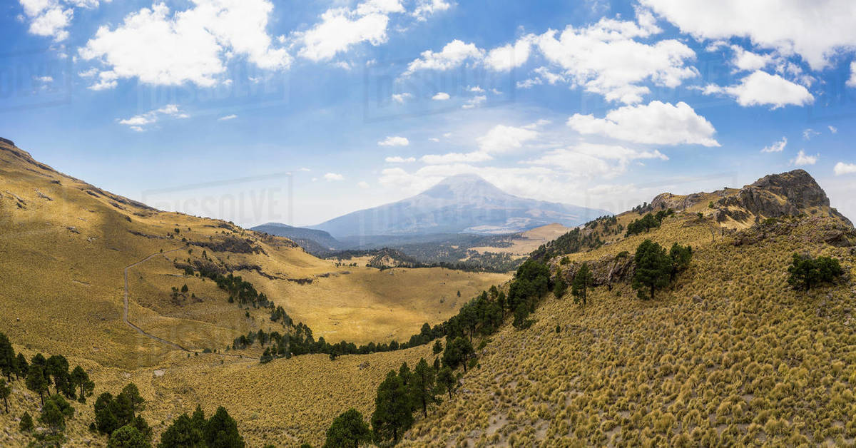 Sunny scenic landscape view, Popocatepetl volcano, Mexico - Royalty ...
