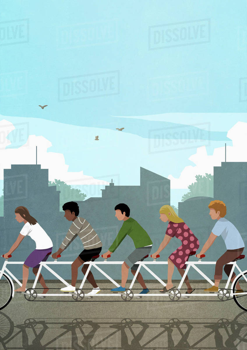 Diverse friends riding tandem bicycle in city - Royalty-free Stock ...