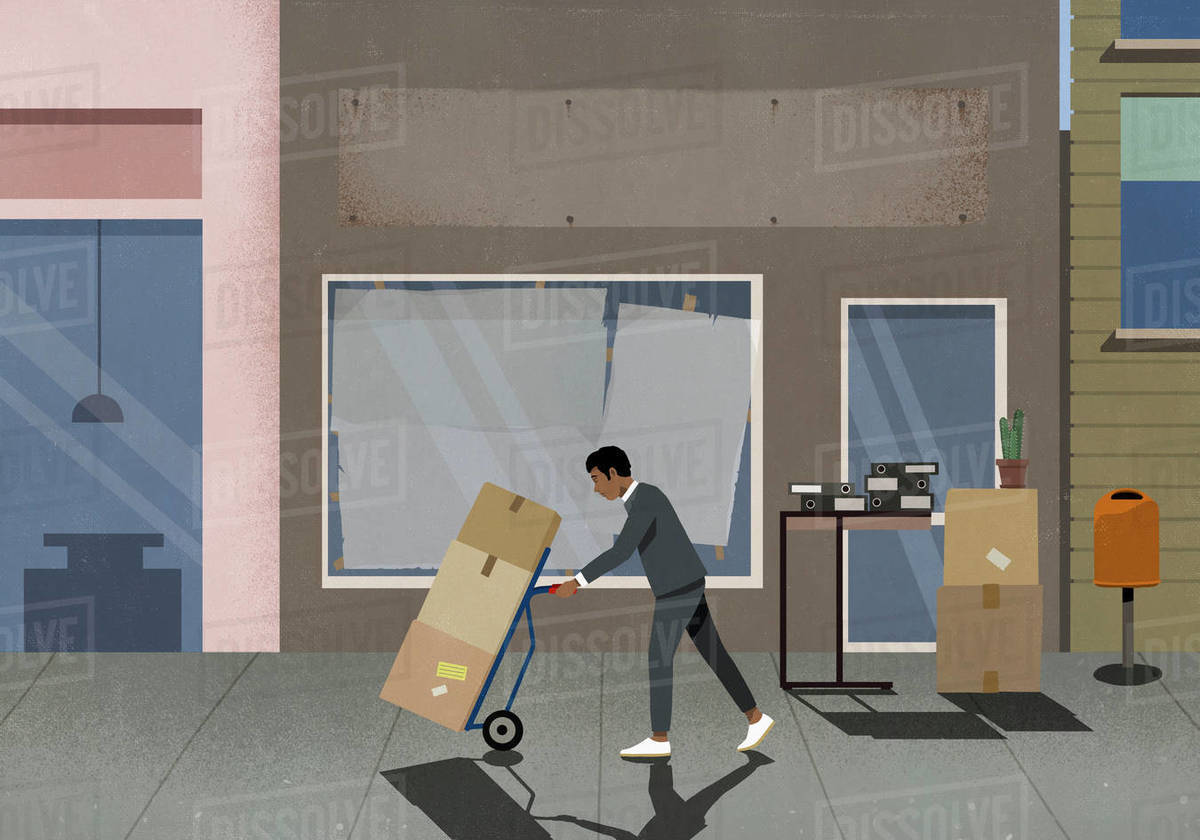 Businessman removing boxes from shutdown business storefront - Royalty ...