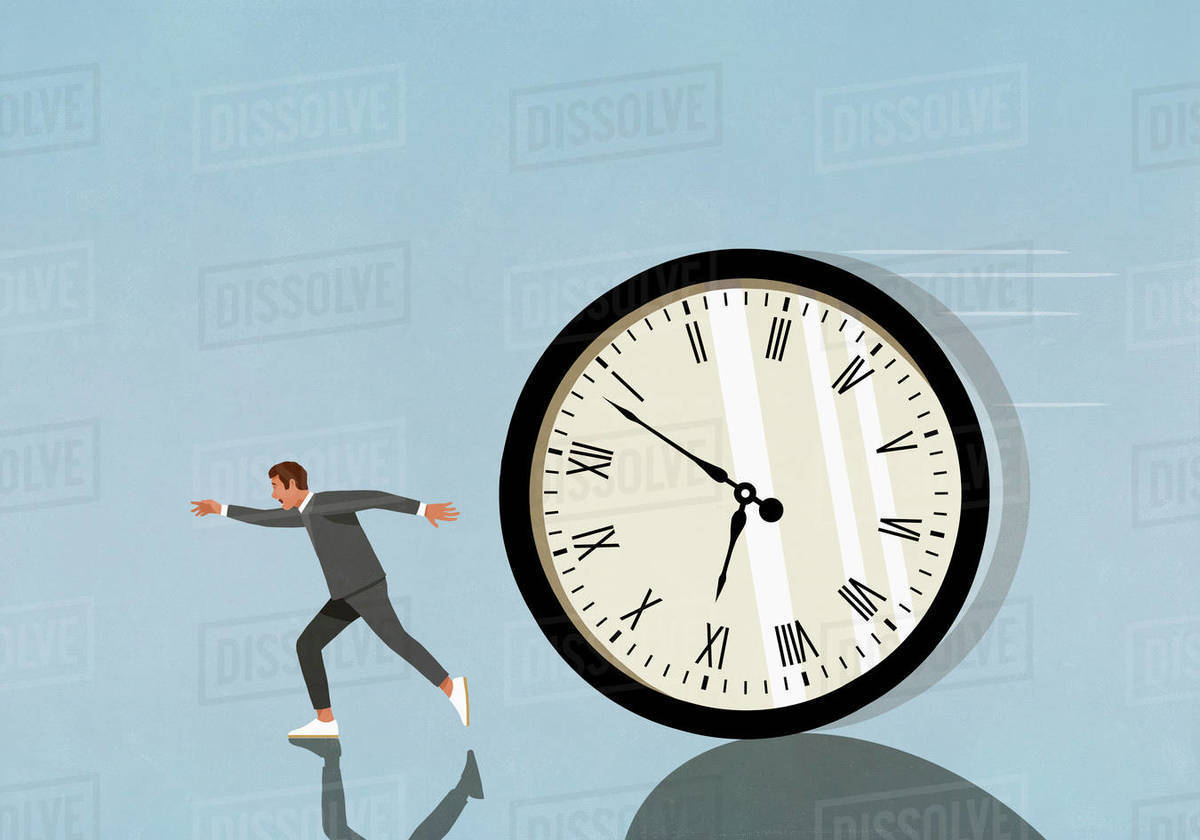 Speeding clock chasing running businessman - Stock Photo - Dissolve