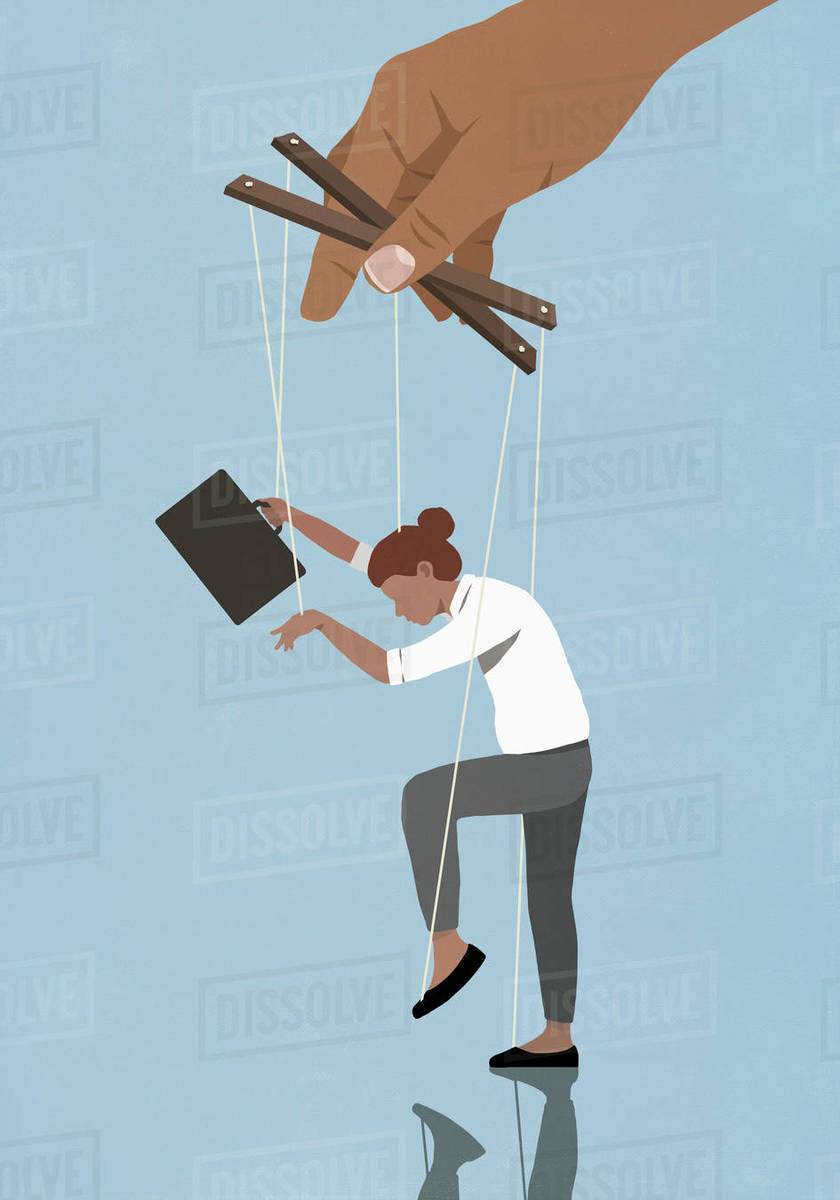 Hand controlling businesswoman puppet on strings - Stock Photo - Dissolve