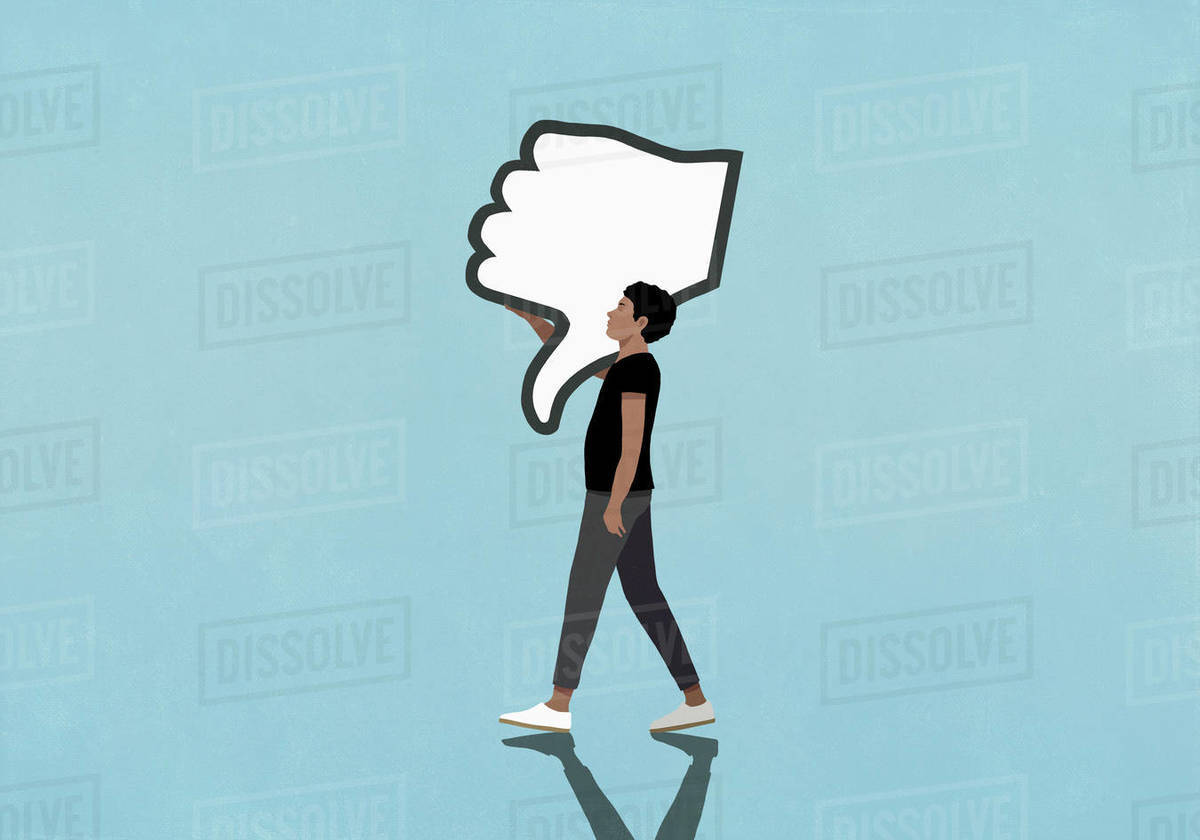 Dislike button over man walking on blue background - Stock Photo - Dissolve