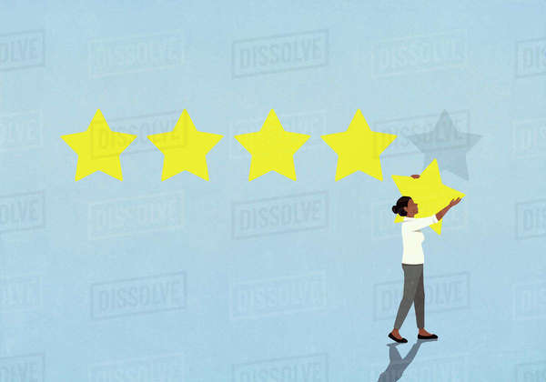 Woman removing rating star from blue background - Royalty-free Stock ...