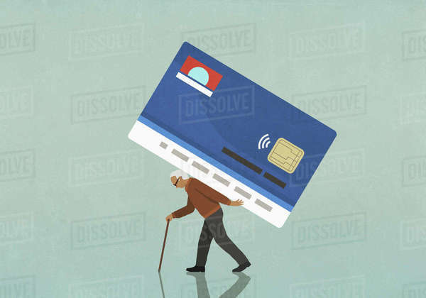 Senior man with cane walking with large credit card burden on back ...