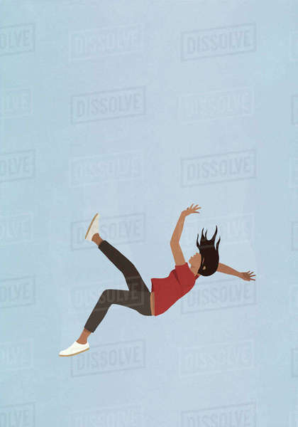 Woman falling midair against blue background - Stock Photo - Dissolve